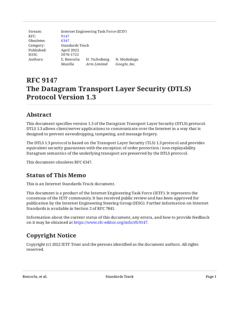 RFC 9147 | PDF | Transport Layer Security | Transmission Control Protocol