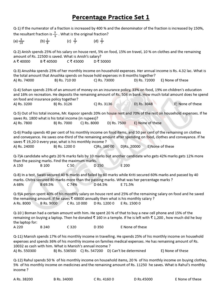 Percentage Practice Set 1 | PDF | Rupee | Arithmetic