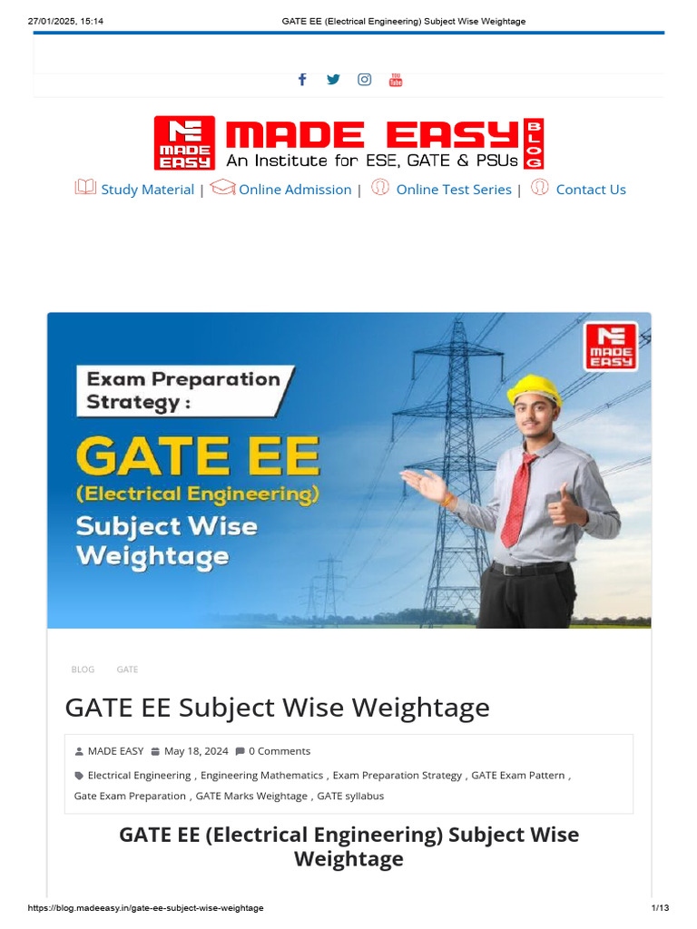 GATE EE (Electrical Engineering) Subject Wise Weightage | PDF | Electronics | Electrical Engineering