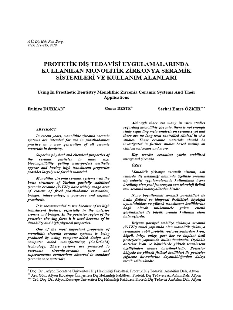 Protetik Diş Tedavisi Uygulamalarinda Kullanilan Monolitik Zirkonya Seramik Sistemleri Ve ...