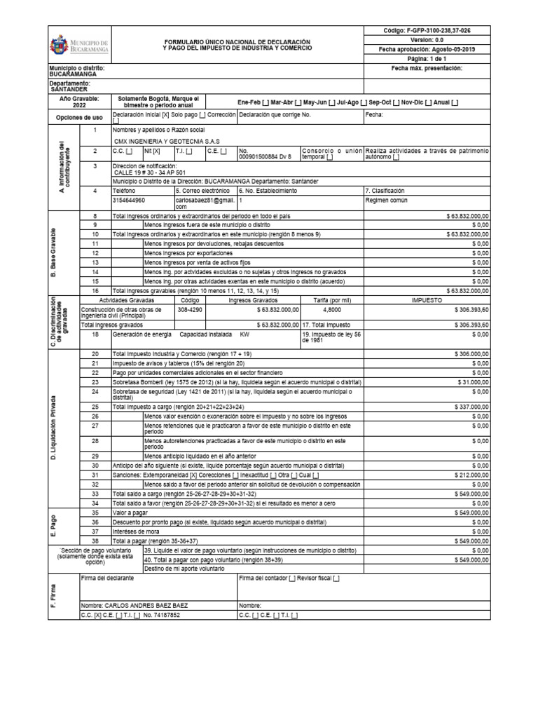 2023 Declaración Impuesto Industria y Comercio, avisos y tableros (ICA) | PDF