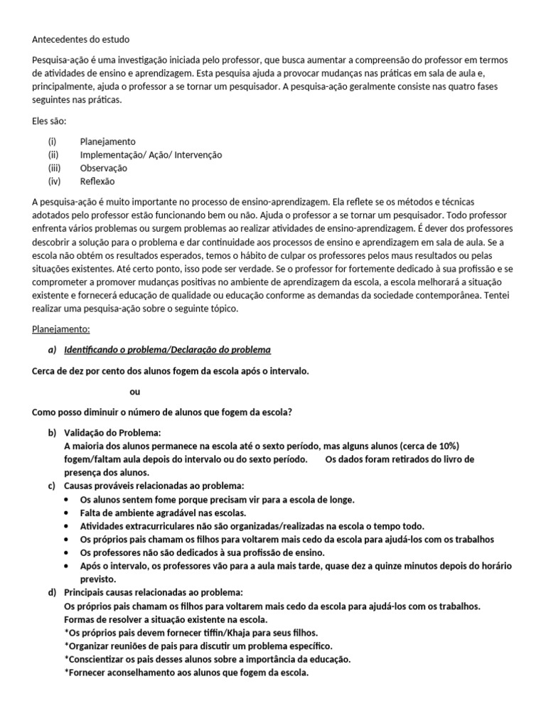Pesquisa-Ação para Ka Sa Mu | PDF | Escolas | Aprendizado