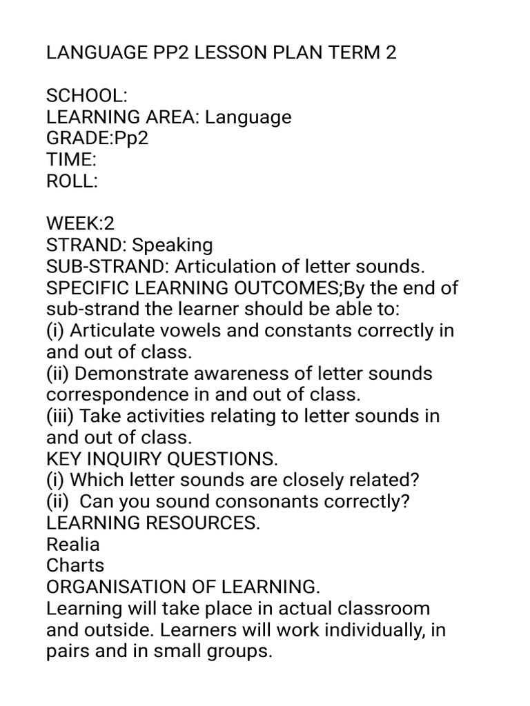 PP2 Language lesson plan term 2_100701 | PDF | Learning | Educational ...