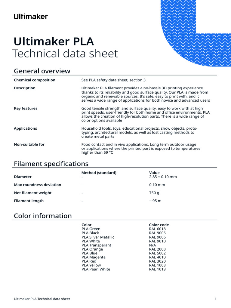 Ultimaker Pla Tds v5.00 Datasheet Pla | PDF | Yield (Engineering) | Strength Of Materials