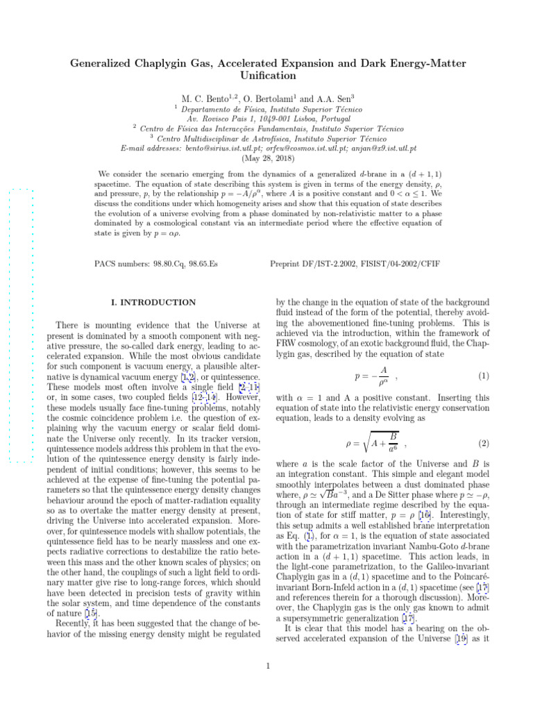 Generalized Chaplygin Gas, Accelerated Expansion | PDF | Dark Energy | Physics