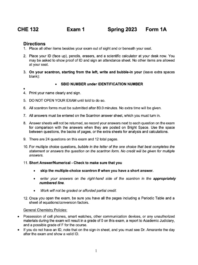 CHE132_Exam1A_Spring23_edits for Sp24 - -CHE 132.01-02 General Chemistry II - Spring 2024 | PDF