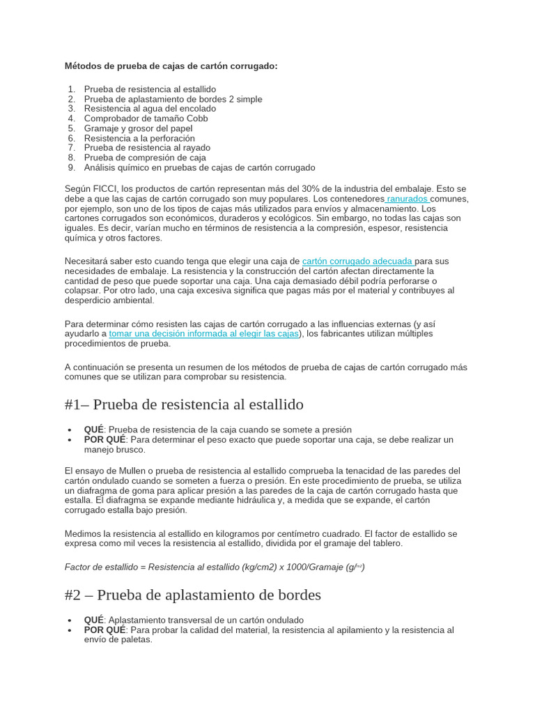Métodos de prueba para cajas de cartón | PDF | Cartón | Papel