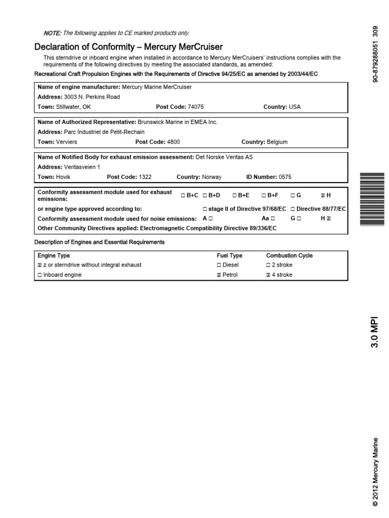 Declaration of Conformity - Mercury Mercruiser | PDF | Engines | Safety