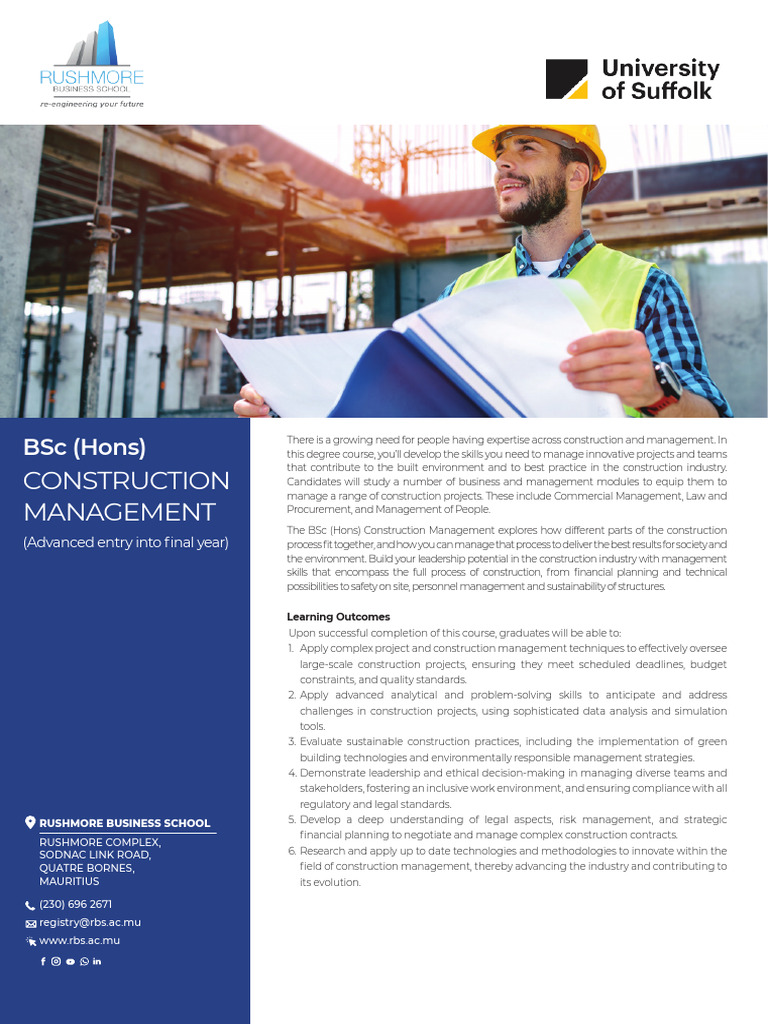 RBS COURSE OUTLINE BSC Hons Construction Management Advanced Entry ...