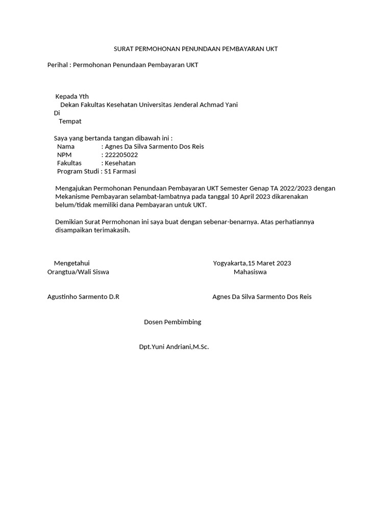 SURAT PERMOHONAN PENUNDAAN PEMBAYARAN UKT | PDF