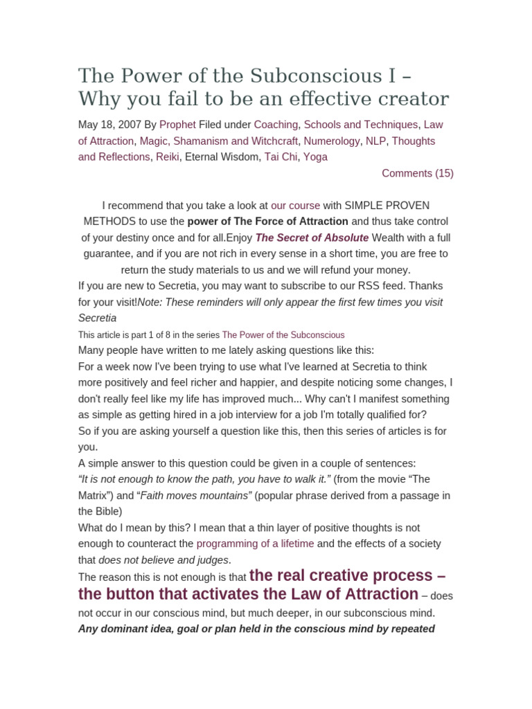 The Power of The Subconscious | PDF | Mind | Thought