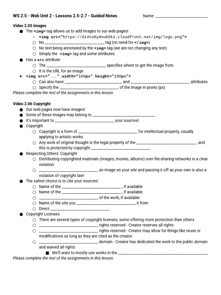 WS 2.5 - Web Unit 2 - Lessons 2.5-2.7 - Guided Notes | PDF | Html ...
