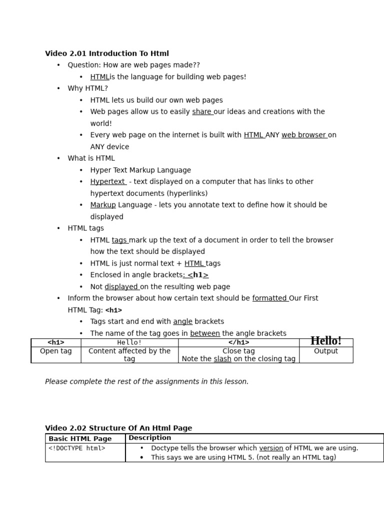 WS 2.1 - Web Unit 2 - Lessons 2.1-2.2 - Guided Notes | PDF | Html ...