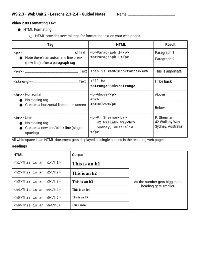 WS 2.3 - Web Unit 2 - Lessons 2.3-2.4 - Guided Notes | PDF | Html ...