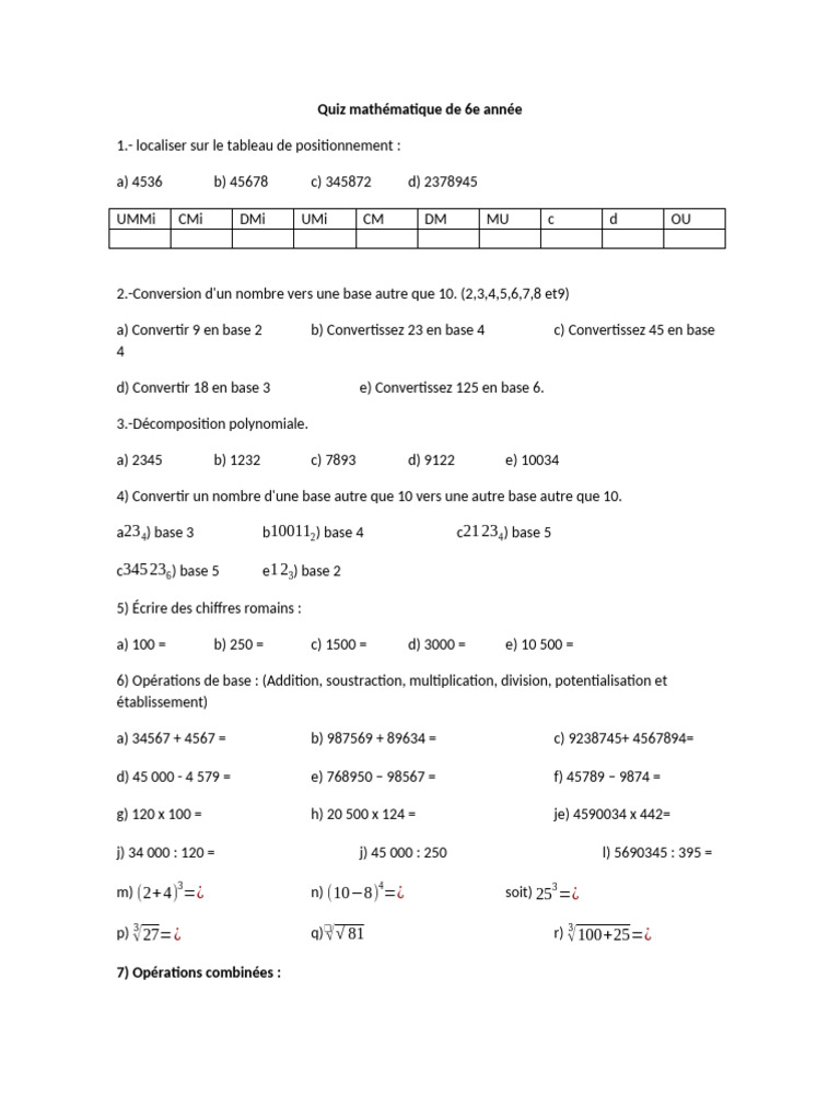 Questionnaire de mathématiques de 6e année | PDF | Notation ...