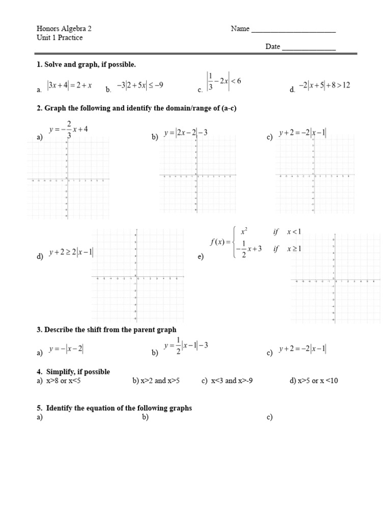 Honors Algebra 2 Unit 1 Practice Guide | PDF