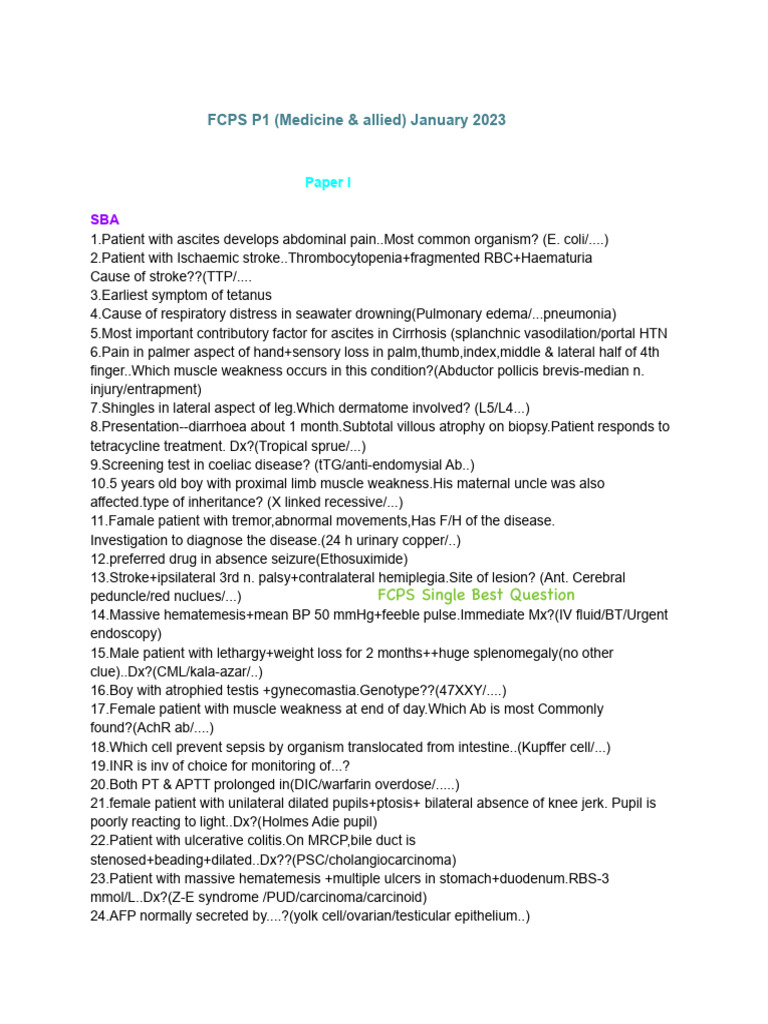 FCPS Medicine Exam Questions 2023 | PDF