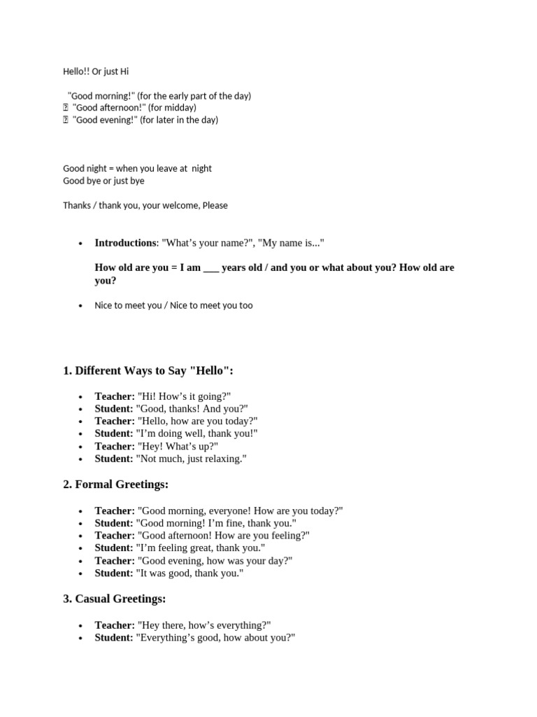 Essential Greetings and Responses Guide | PDF