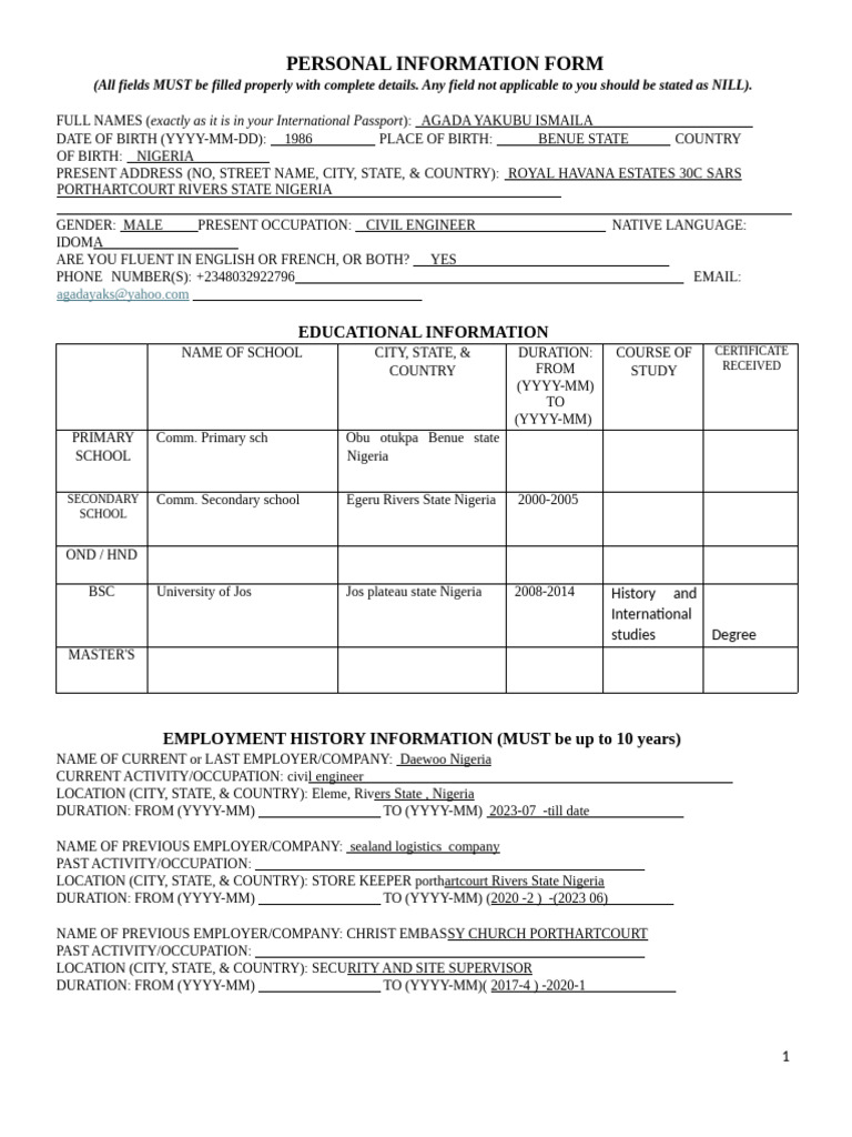 Personal Information Form Template | PDF | Social Institutions | Family