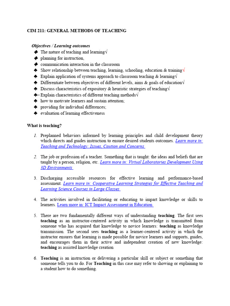 CIM 211 General Methods of Teaching Notes | PDF | Learning | Methodology