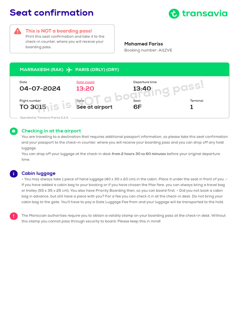 Transavia Seat Confirmation RAKORY - TO3015 | PDF | Aviation