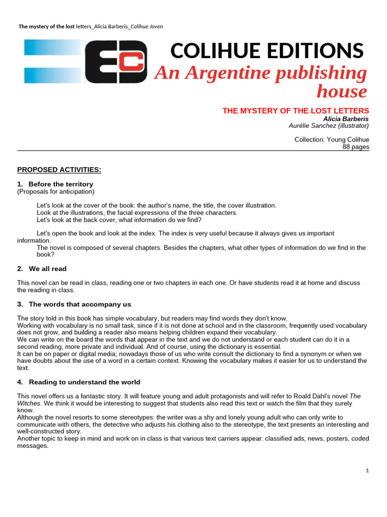 Mystery of Lost Letters Activities Guide | PDF | Books | Vocabulary