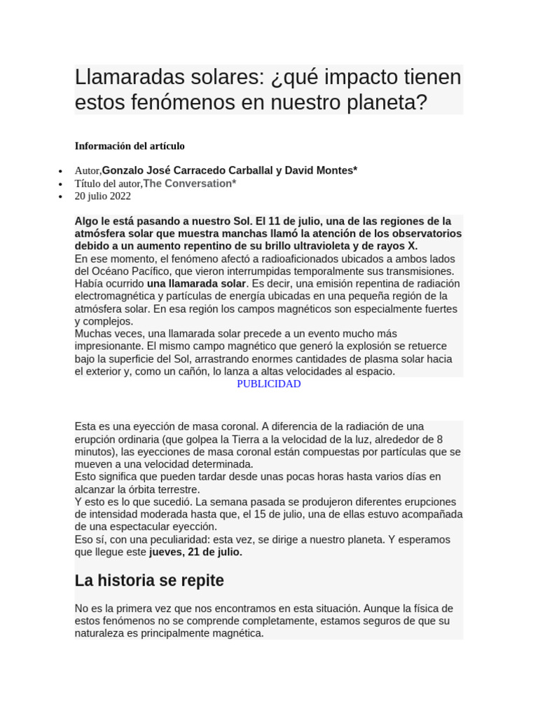Llamaradas Solares | PDF | Erupción solar | Tierra