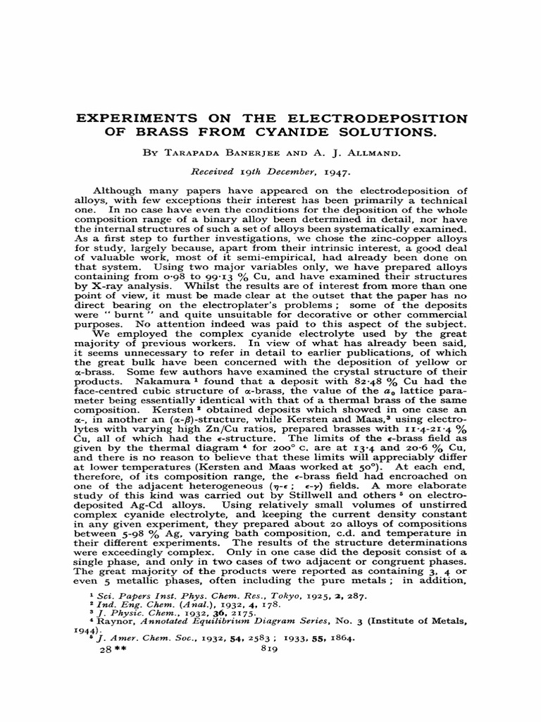 Experiments On The Electrodeposition of Brass From Cyanide Solutions ...