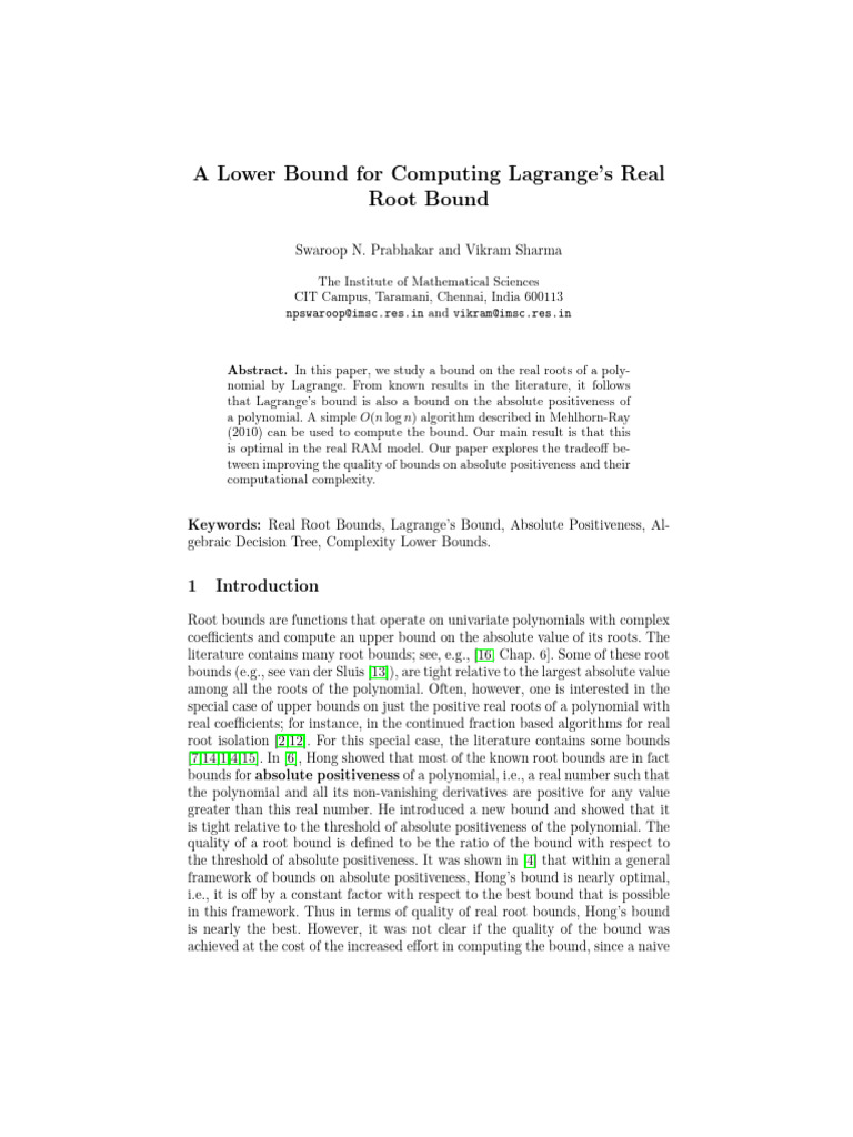 A Lower Bound for Computing Lagrange’s Real Root Bound | PDF | Polynomial | Time Complexity