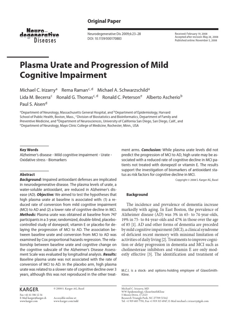 Plasma Urate and Progression | PDF | Dementia | Alzheimer's Disease