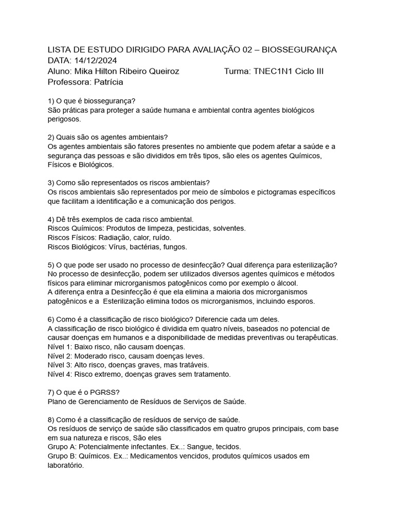 MIKA HILTON RIBEIRO QUEIROZ - Exercício de revisão para A2 | PDF | Desinfetante | Microrganismo
