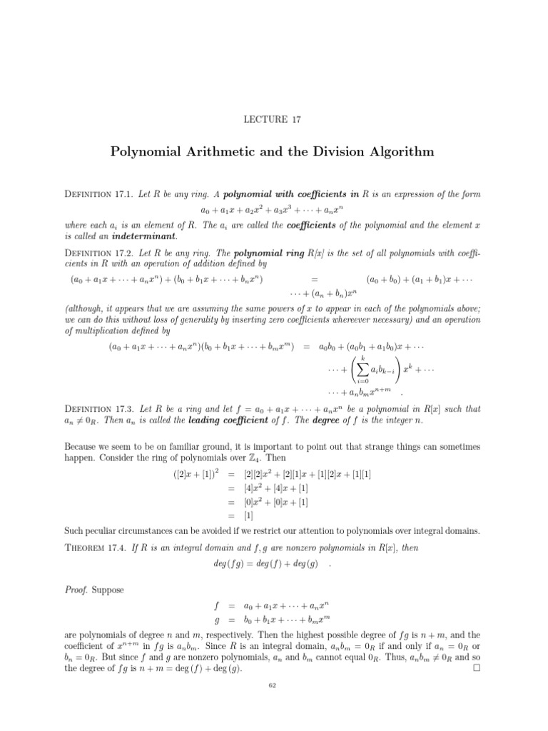 Polynomial Arithmetic & Division | PDF | Polynomial | Ring (Mathematics)