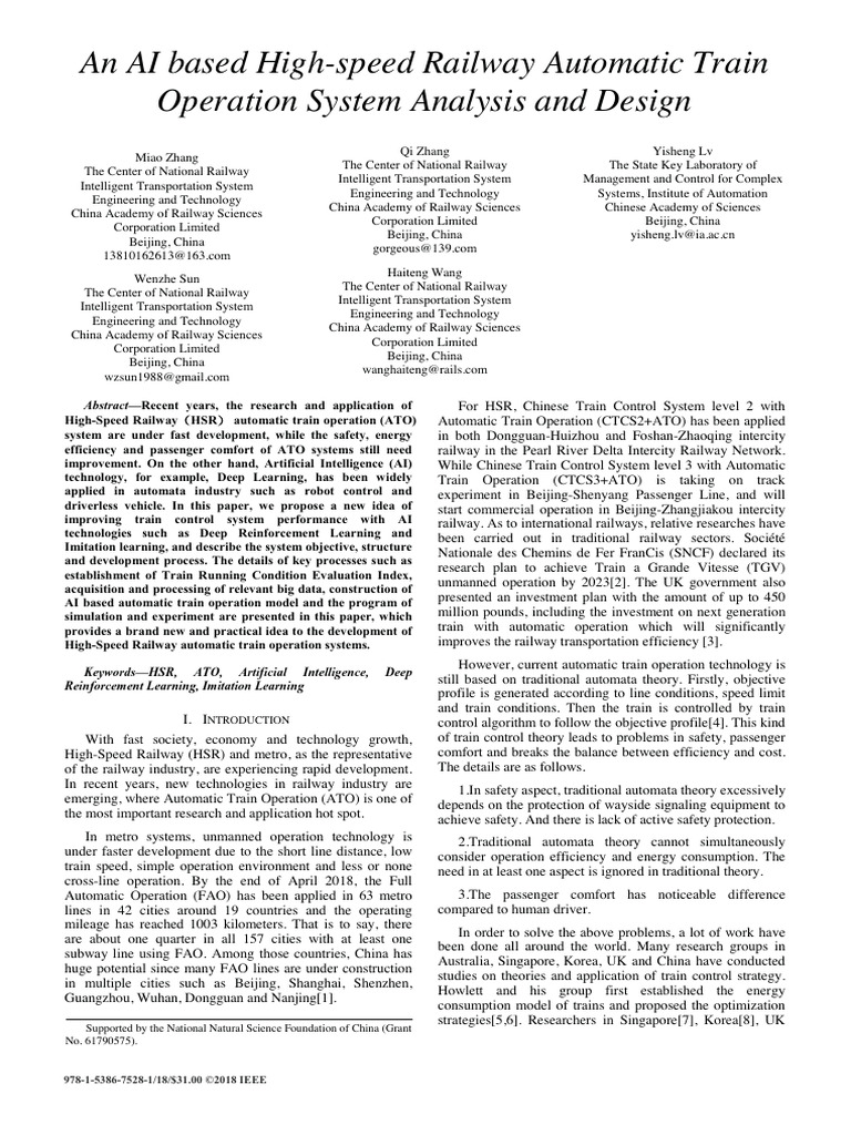 An AI Based High-Speed Railway Automatic Train Operation System Analysis and Design | PDF ...