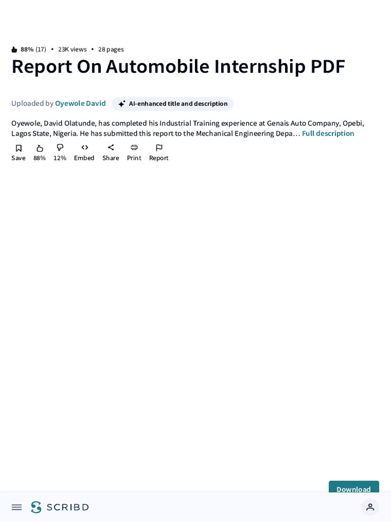 Report On Automobile Internship PDF: Oyewole David | PDF | Scribd | Digital Technology