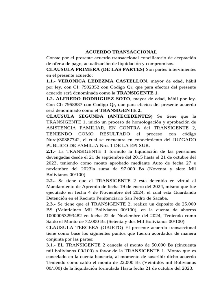 Acuerdo de Pago de Asistencia Familiar | PDF