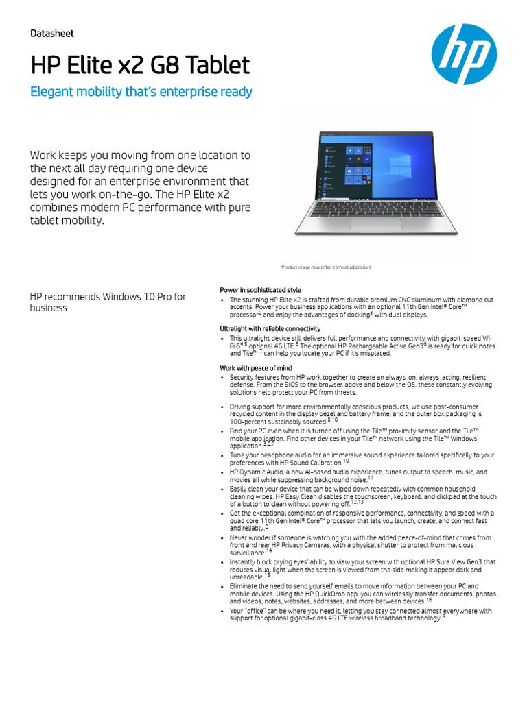 HP Elite x2 G8 Tablet - 4AA7-9603ENUC | PDF | Windows 10 | Microsoft ...