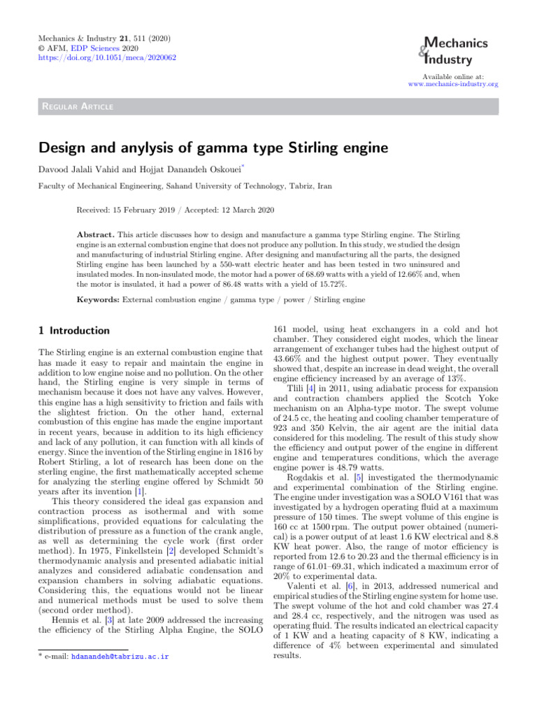 Design and Anylysis of Gamma Type Stirling Engine | PDF | Engines ...