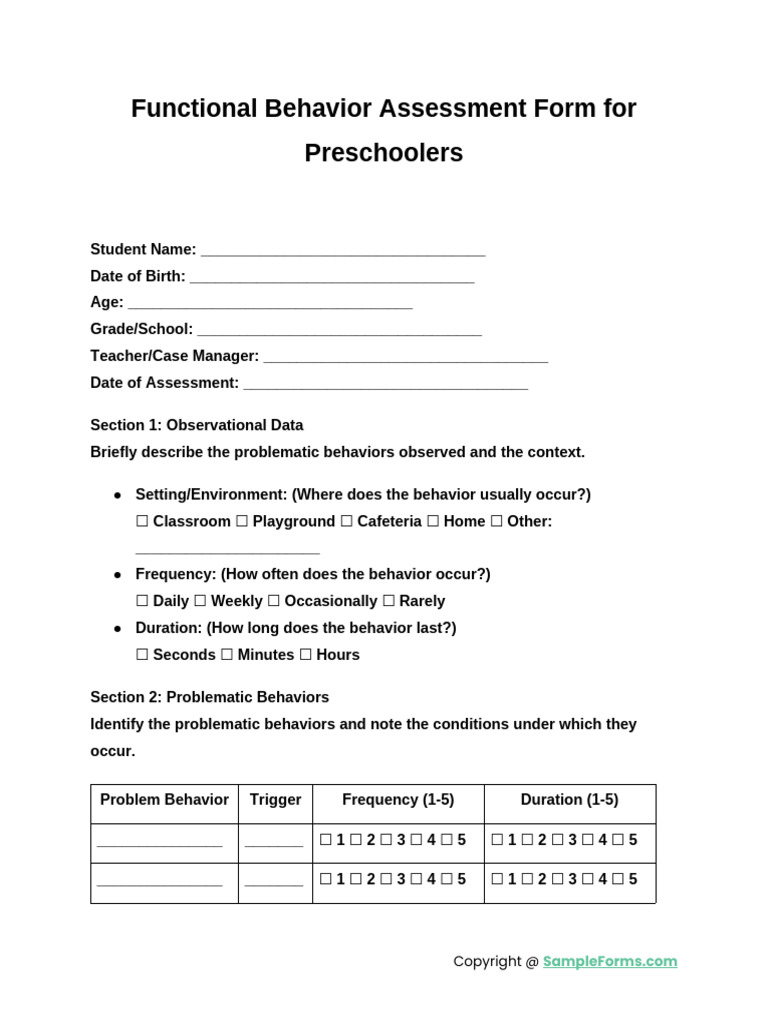 Functional Behavior Assessment Form for Preschoolers | PDF | Behavior ...