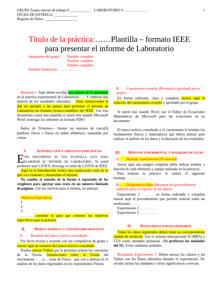 Enero 2025 Formato IEEE Lab FCOP Para Presentar Informes de Laboratorio | PDF | Experimentar ...