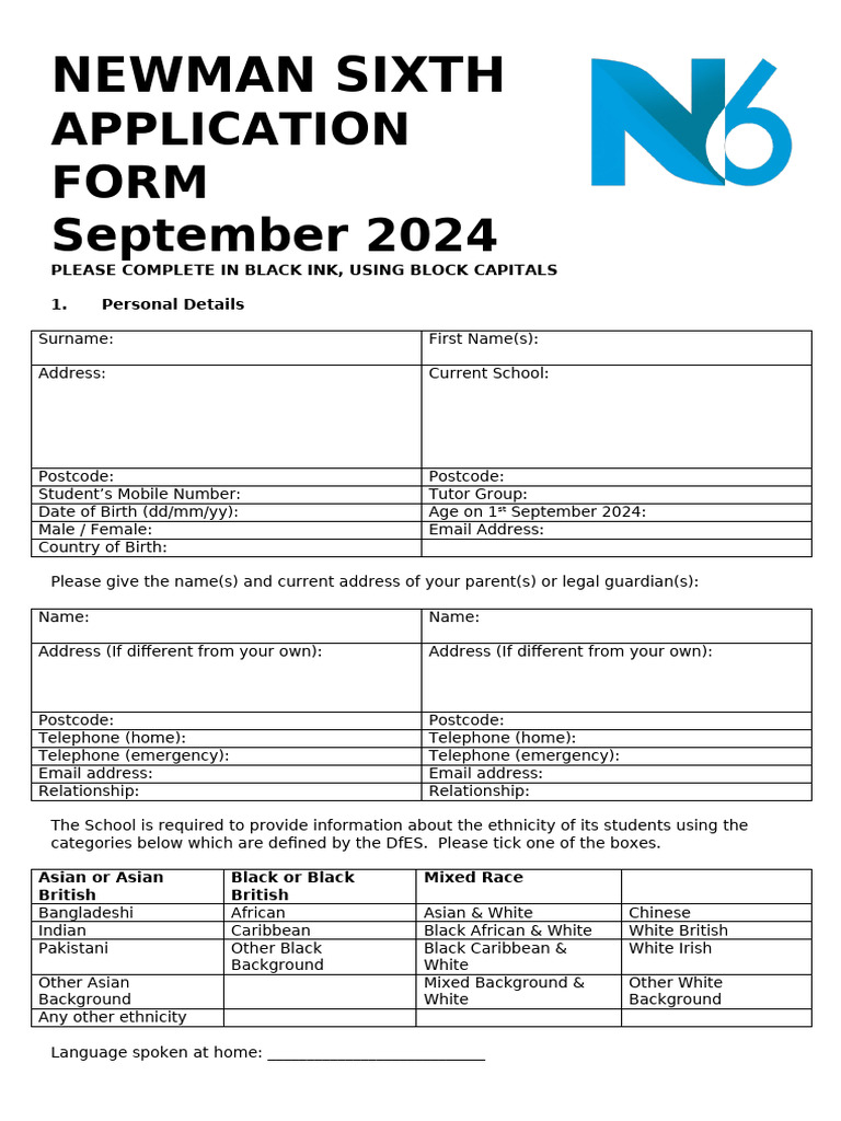 Cardinal Newman 6th Application (2024) | PDF