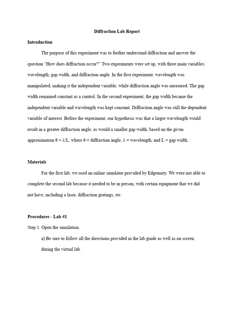 Diffraction Lab Report: Wavelength and Gap Width Effects | PDF | Diffraction | Wavelength