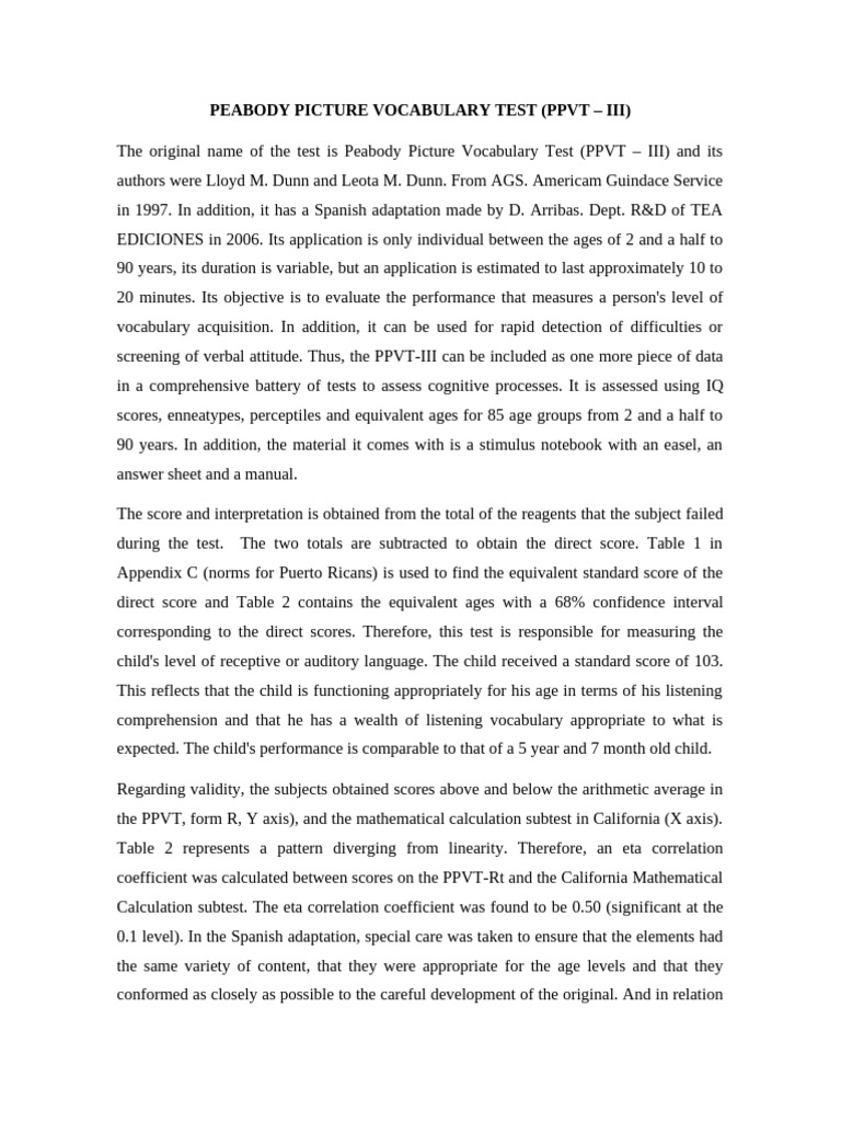 Peabody Picture Vocabulary Test | PDF