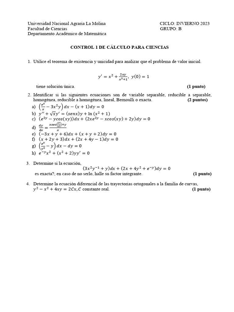 Control 1 EDO Calculo para Ciencias | PDF | Ecuaciones | Ecuaciones diferenciales