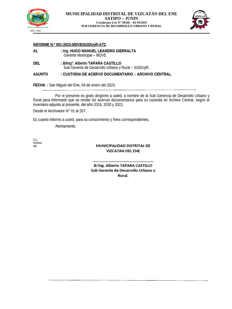 Informe #001 - CUSTODIA DE ACERVO DOCUMENTARIO ARCHIVO CENTRAL | PDF