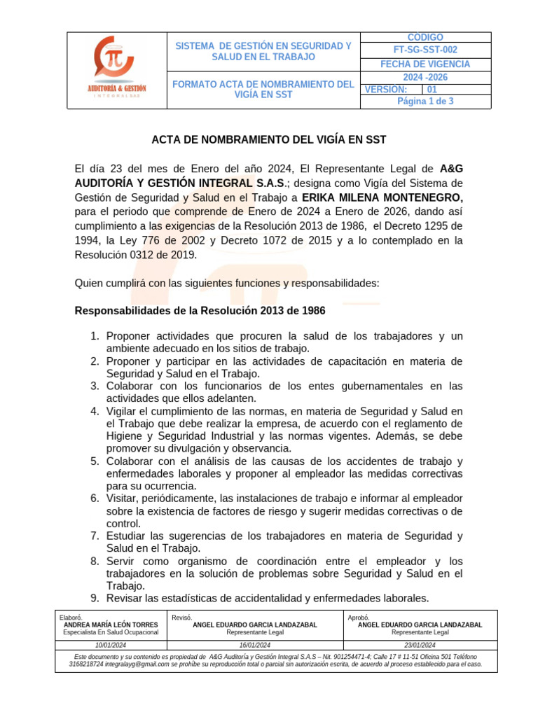 FT-SG-SST-002 Acta de Nombramiento del Vigía en SST | PDF | Seguridad y salud ocupacional