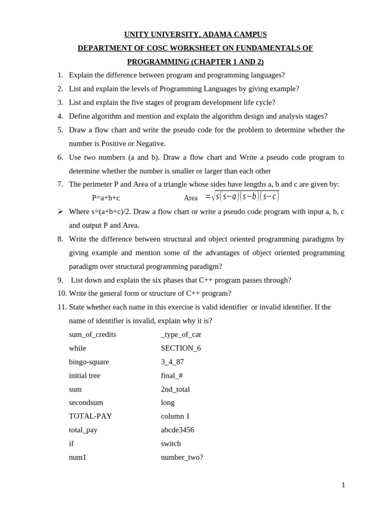 WORKSHEET ON CHAPTER ONE AND TWO(1) | PDF | Namespace | C++