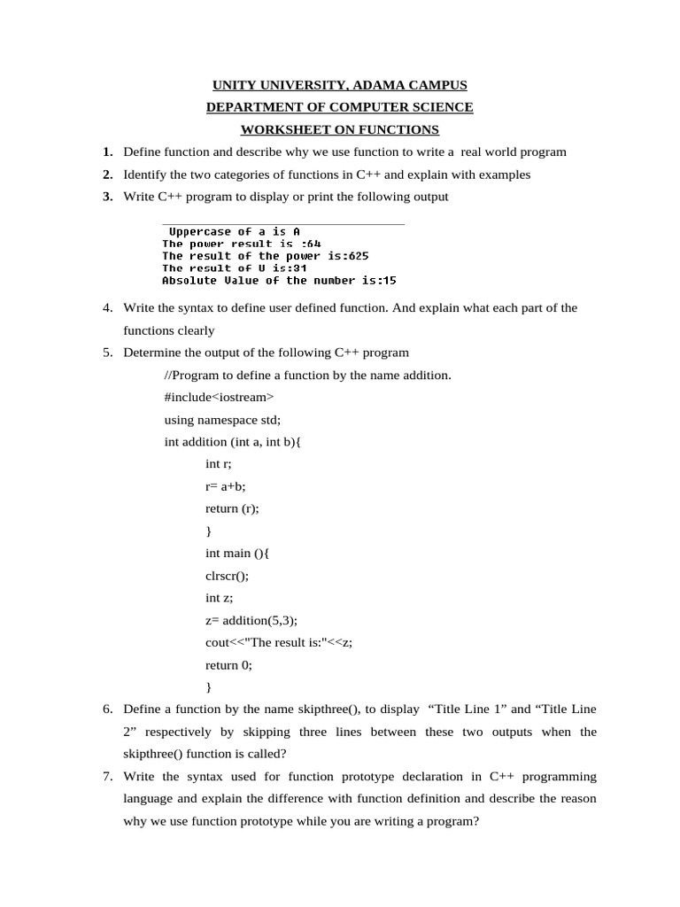 Worksheet On Functions | PDF | Namespace | Integer (Computer Science)