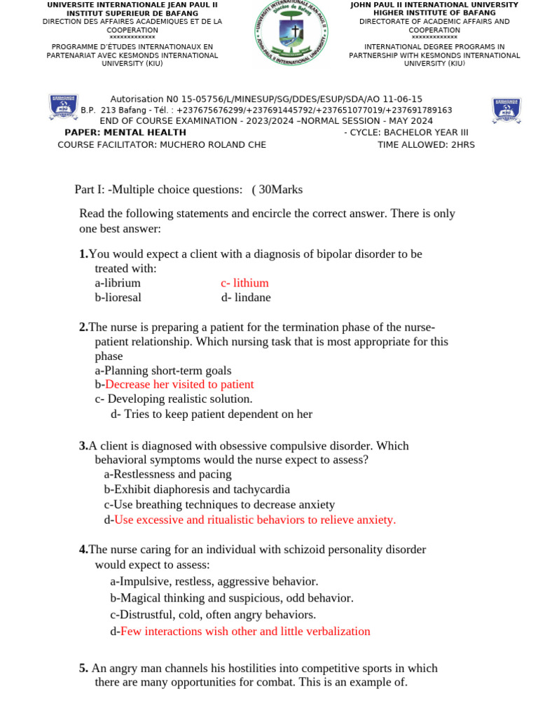 Mental Health Set 2 | PDF | Anxiety | Psychological Concepts
