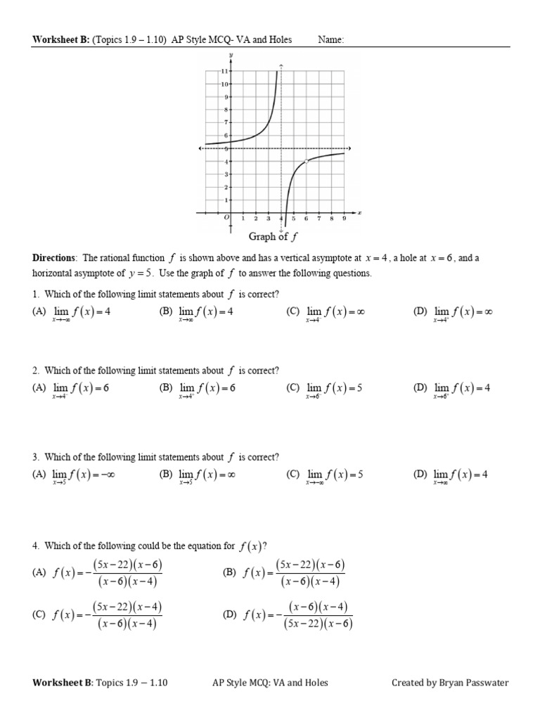 APPC 1.9-1.10B WKST AP Style MCQ Rational Functions VA and Holes | PDF ...