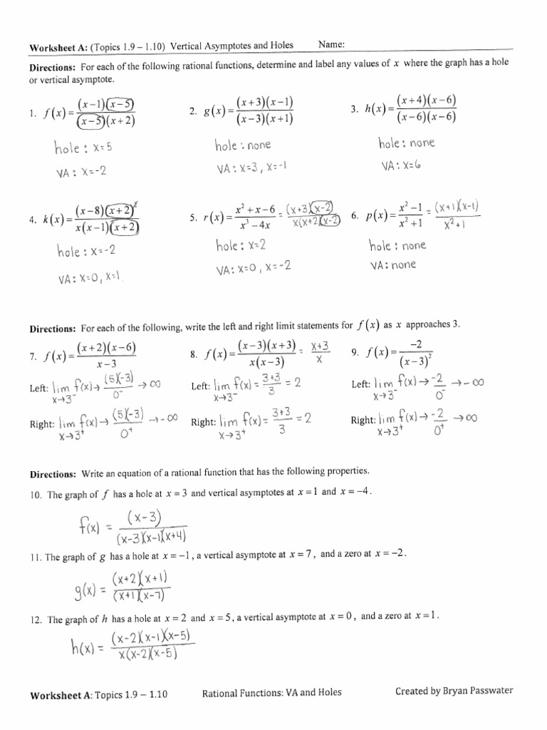 Homework Solutions 1.9-1.10 Rational Functions (Vertical Asymptotes and ...
